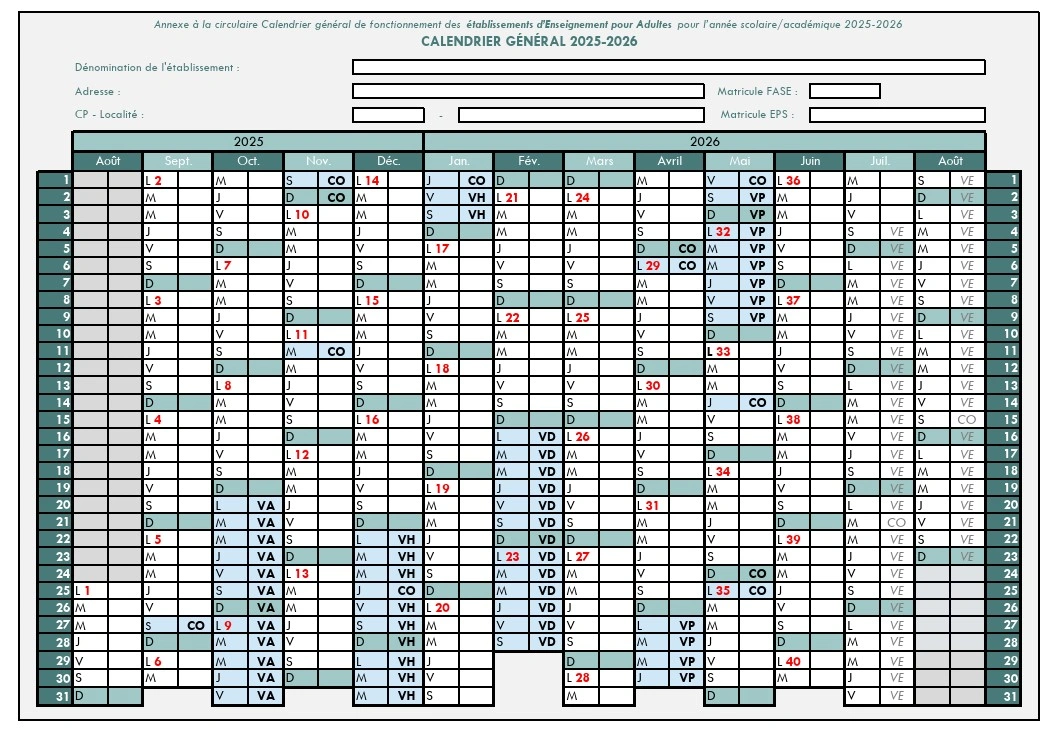Calendrier Scolaire - IPGP - Etudier en Hainaut