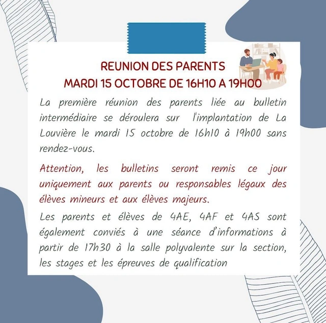 Réunion des parents mardi 15 octobre 2024 - Actualités IPNC - Etudier ...